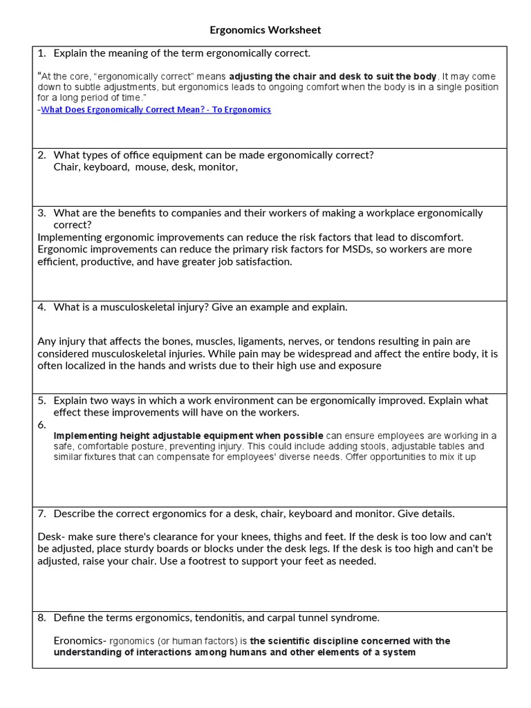 5 - Ergonomics Worksheet | PDF | Human Factors And Ergonomics ...