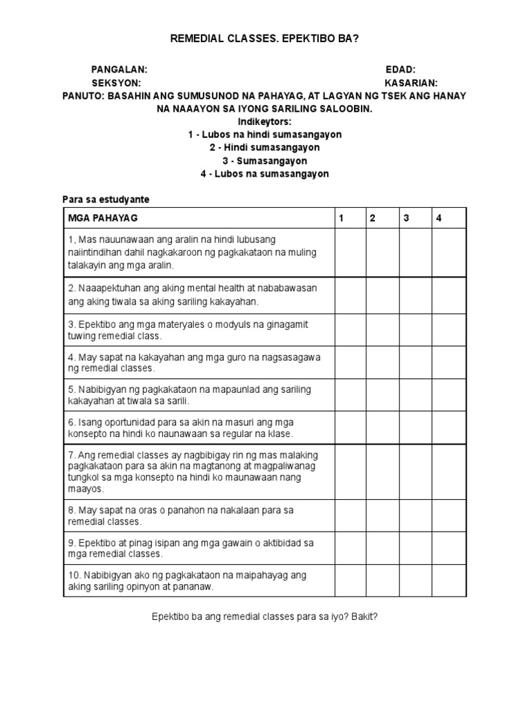 Remedial Classes. Epektibo Ba - Survey Form 1 | PDF
