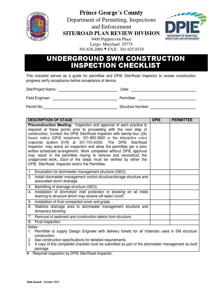 Underground SWM Construction Inspection Checklist - 202110281120032113 ...