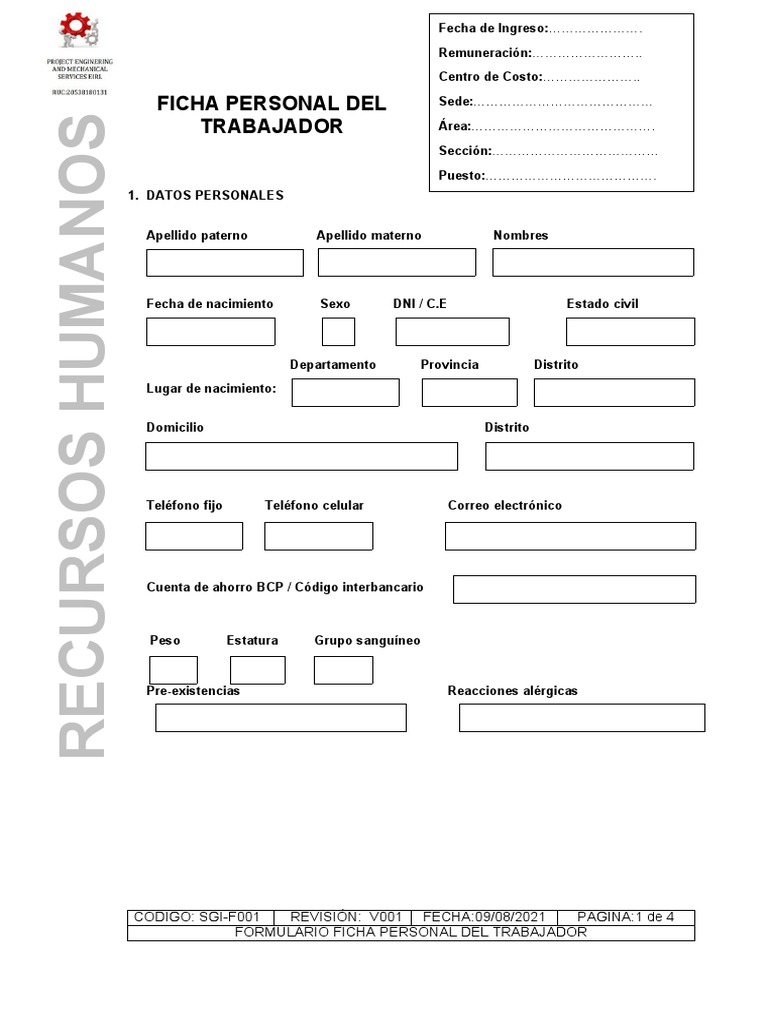 1.ficha Personal Del Trabajador | PDF | Pensión
