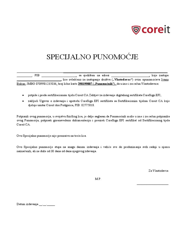 Punomocje CA CoreSign EFI Ivana Bokun | PDF