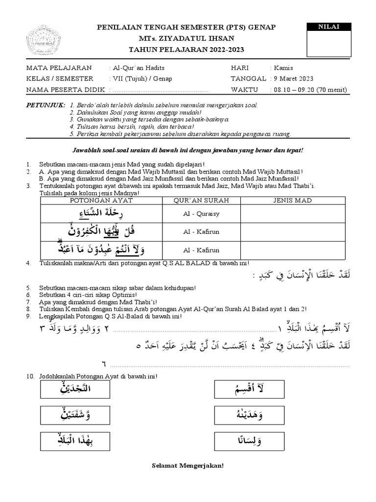 Soal PTS Genap QURDIS 7 | PDF