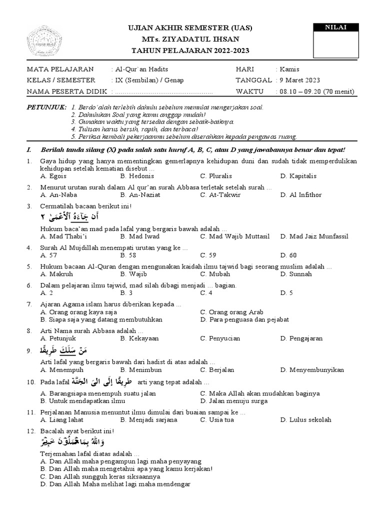 UAS Al-Qur'an Hadits Kelas IX | PDF
