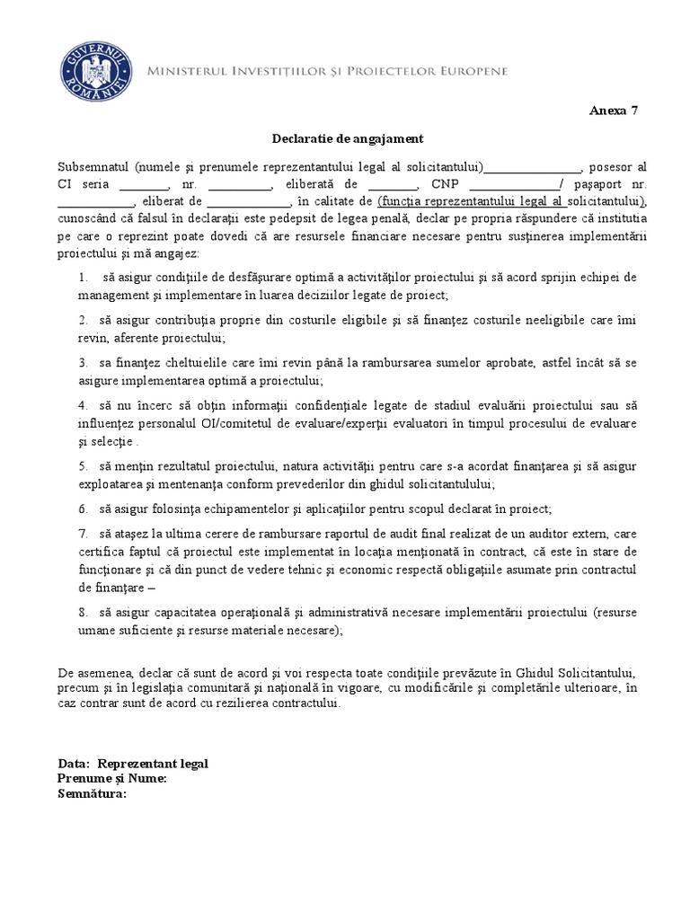 ANEXA 7 Declaratie de Angajament | PDF