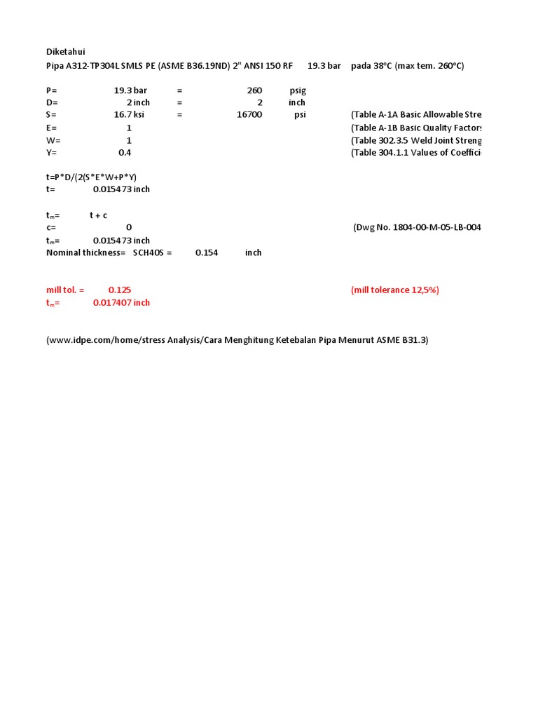 Calculation For Nominal Wall Thickness of Stainless Steel Pipe | PDF