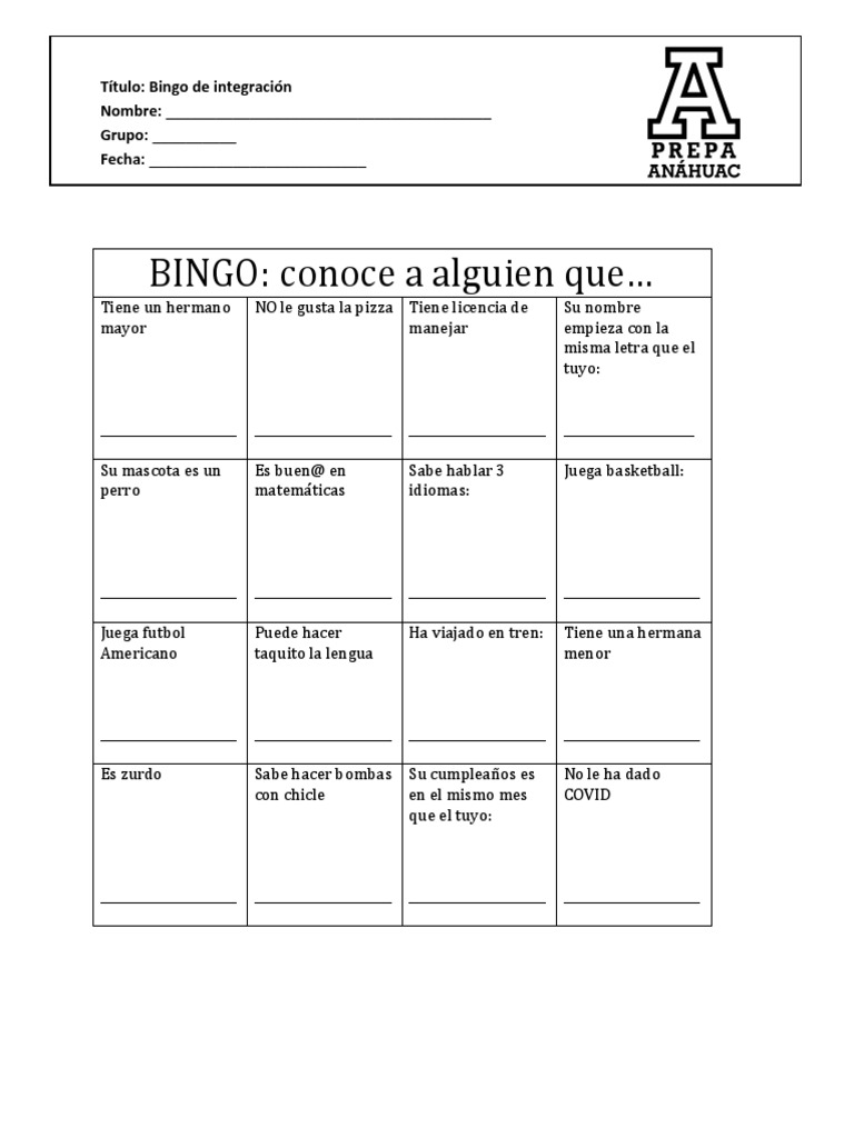 BINGO para Conocer A Tus Compañeros de Clase | PDF