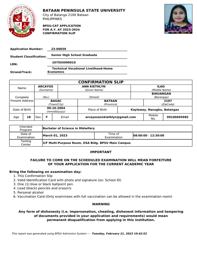 23-00659 - BPSU-CAT Confirmation Slip | PDF | Authentication