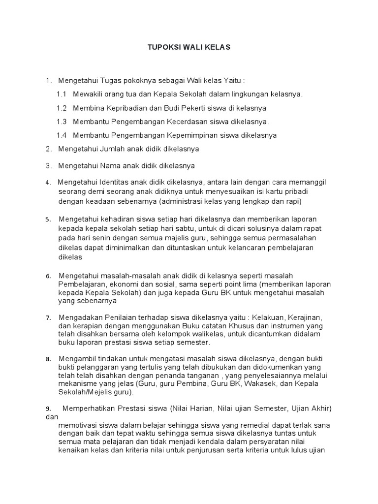 Tupoksi Wali Kelas dalam Pembelajaran | PDF