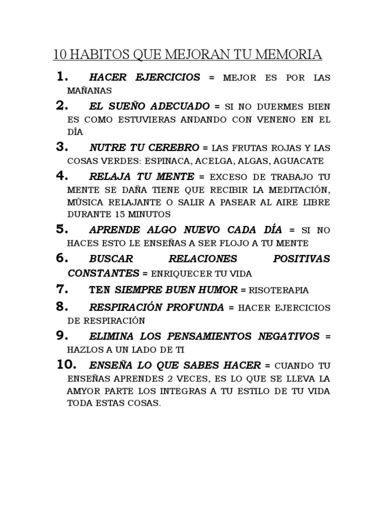 10 Habitos Que Mejoran Tu Memoria | PDF | Relaciones personales, crianza y desarrollo personal