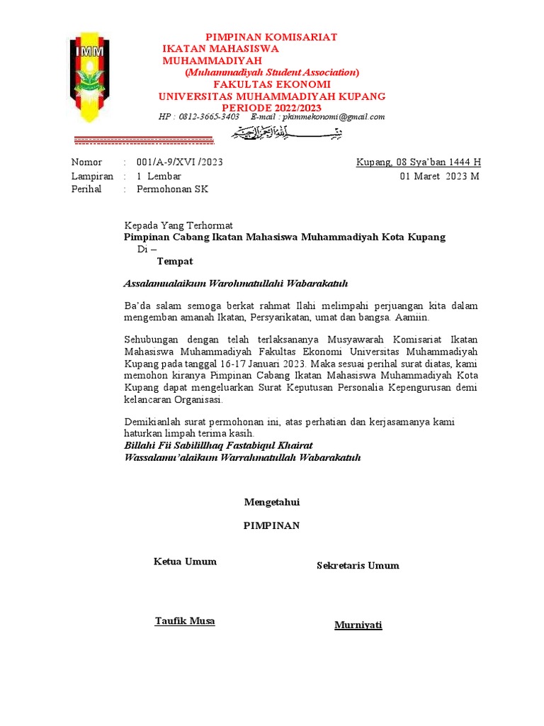 Surat Permohonan SK IMM Ekonomi 2023 | PDF