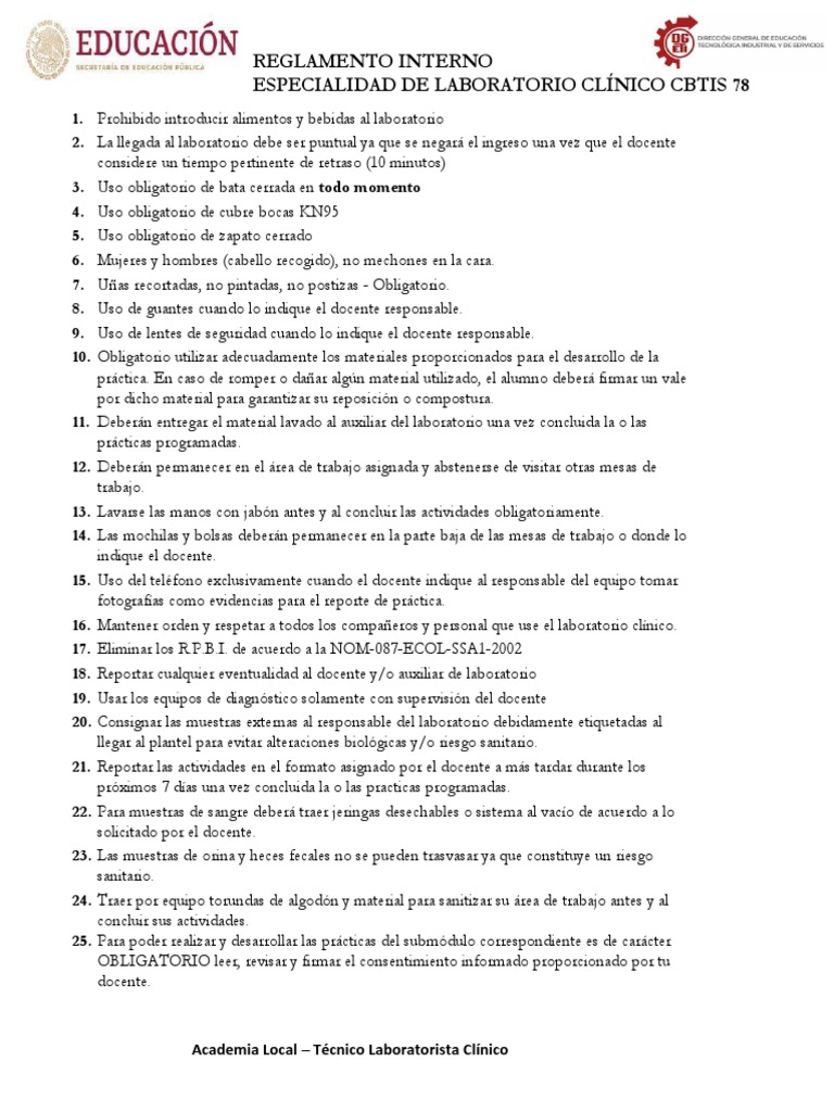 Reglamento Interno de Academia Laboratorista Clinico PDF | PDF | Laboratorios