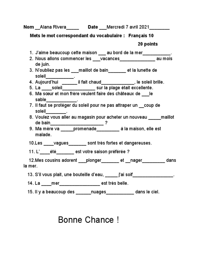 Vocabulaire de l'été en français | PDF