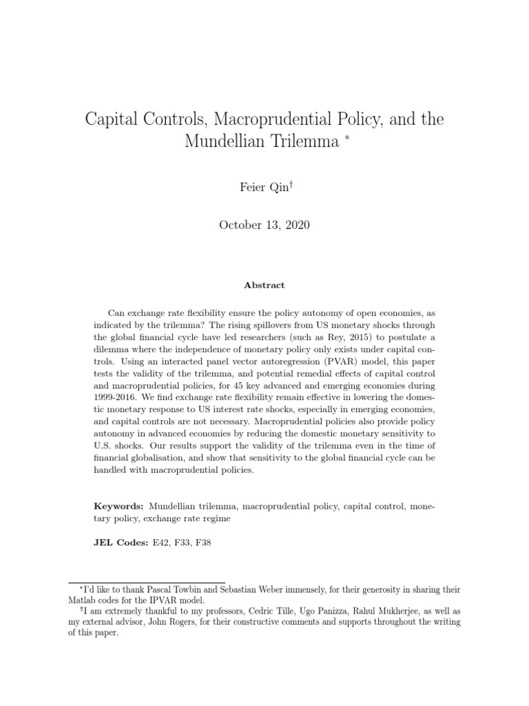 JMP Feier Qin | PDF | Monetary Policy | Capital Control