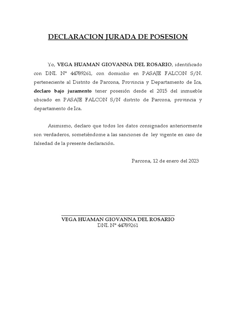 Declaracion Jurada Posesion | PDF