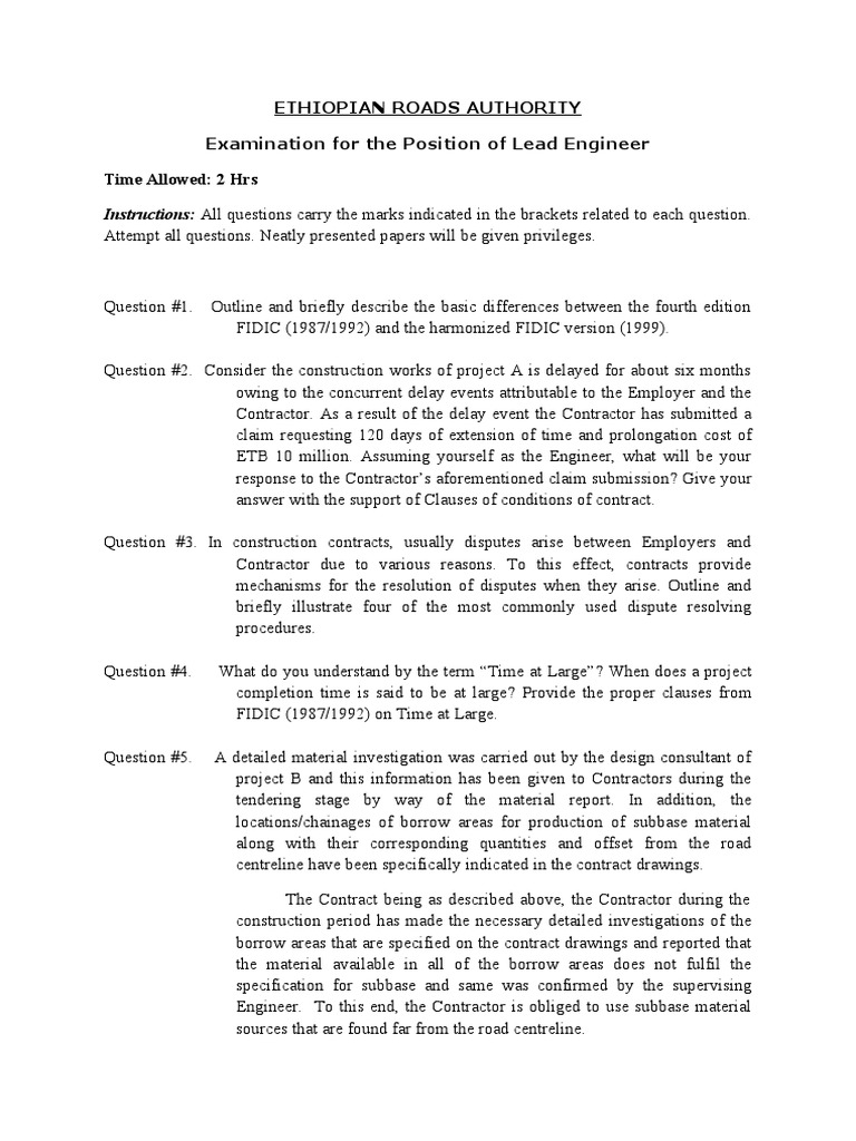 Lead Engineer Exam for Ethiopian Roads Authority | PDF | Employment | Road