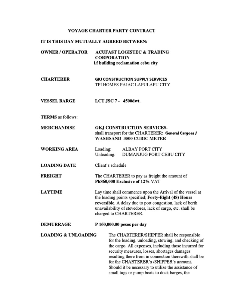 Agreement for the Transport of General Cargoes and Washsand from Albay ...