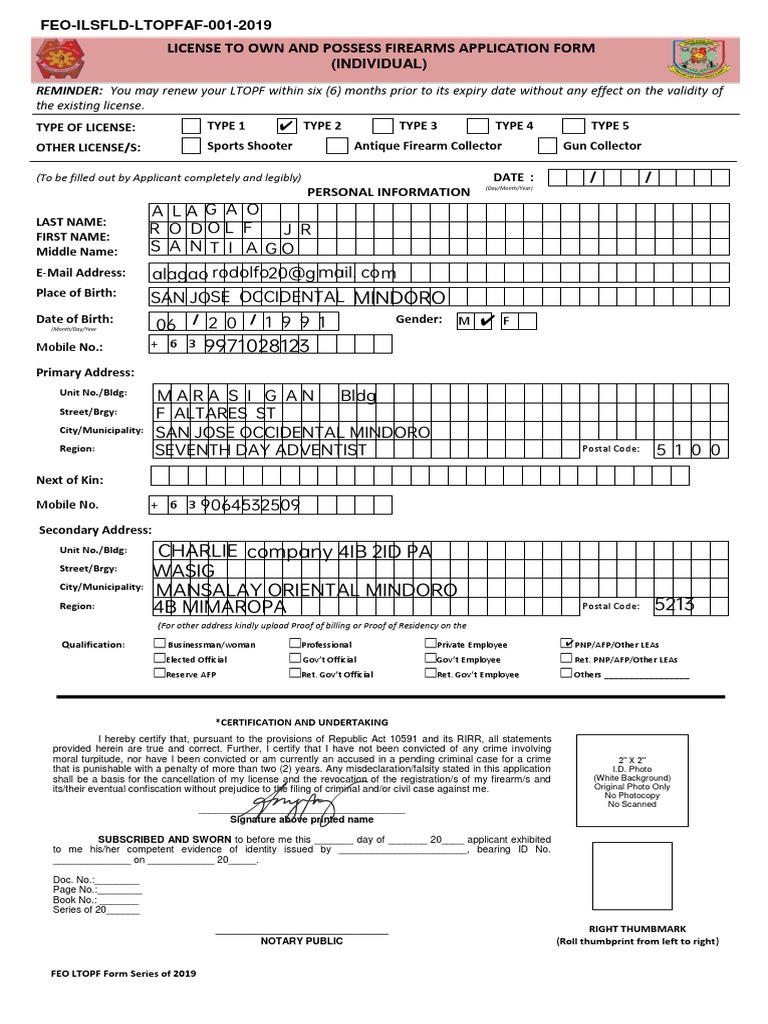 Individual Application License To Own and Possess Firearm PDF | PDF ...
