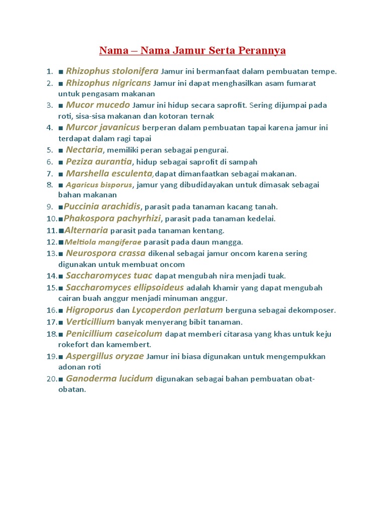 Nama - Nama Jamur Berserta Perannya | PDF