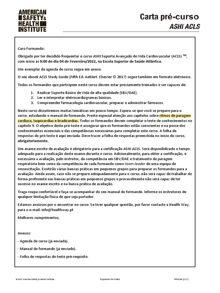 Carta Pré Curso - Curso ACLS - ASHI | PDF | Bem-estar
