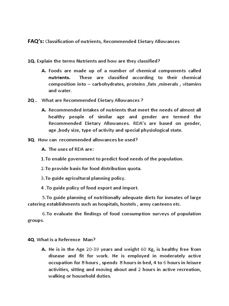 W1-L4-FAQ's - Classification of Nutrients, Recommended Dietary Allowances PDF | PDF