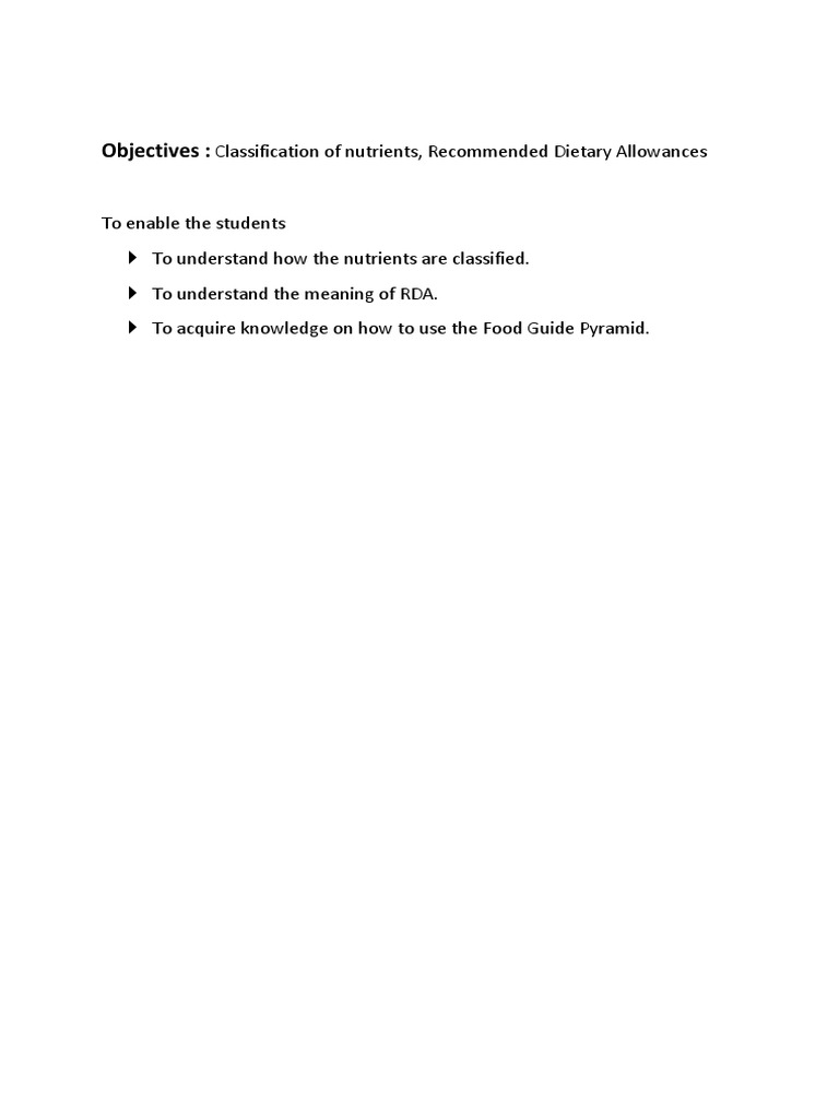 W1-L4-Objectives - Classification of nutrients, Recommended Dietary ...