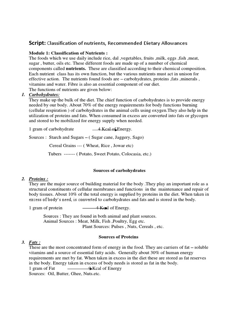 W1-L4-Script - Classification of Nutrients, Recommended Dietary ...