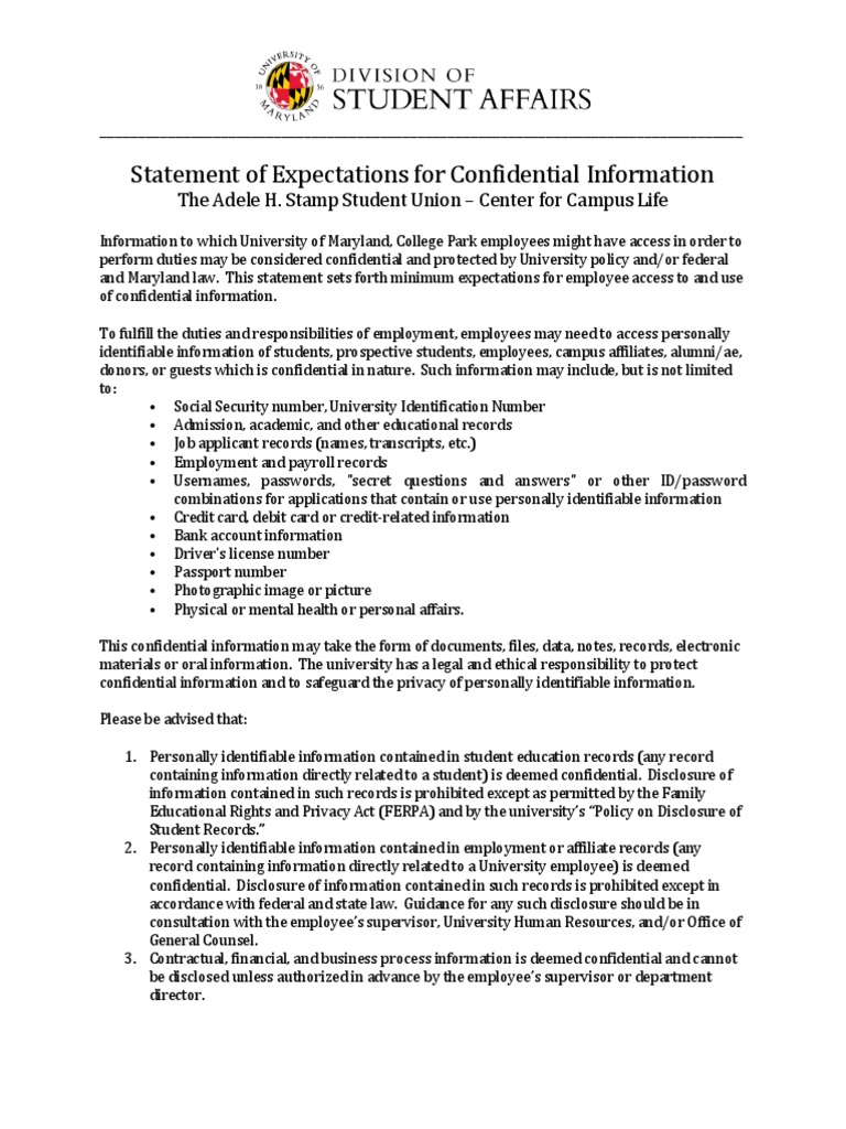Statement of Expectations Regarding Confidential Information - Stamp ...