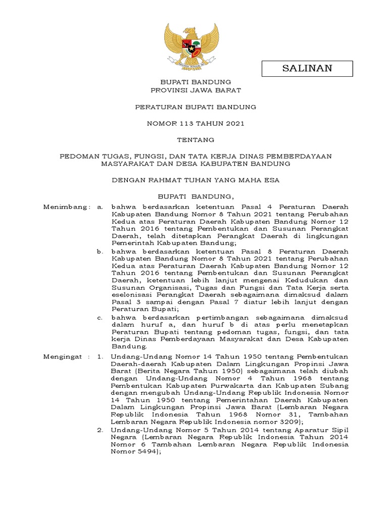 Perbup 113 TH 2021 Tusi DPMD PDF | PDF