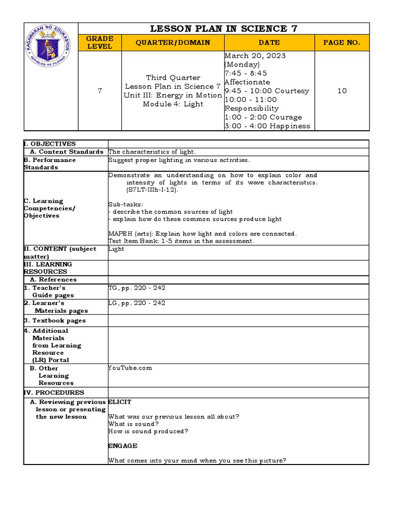 Lesson Plan Light | Download Free PDF | Light | Physical Phenomena