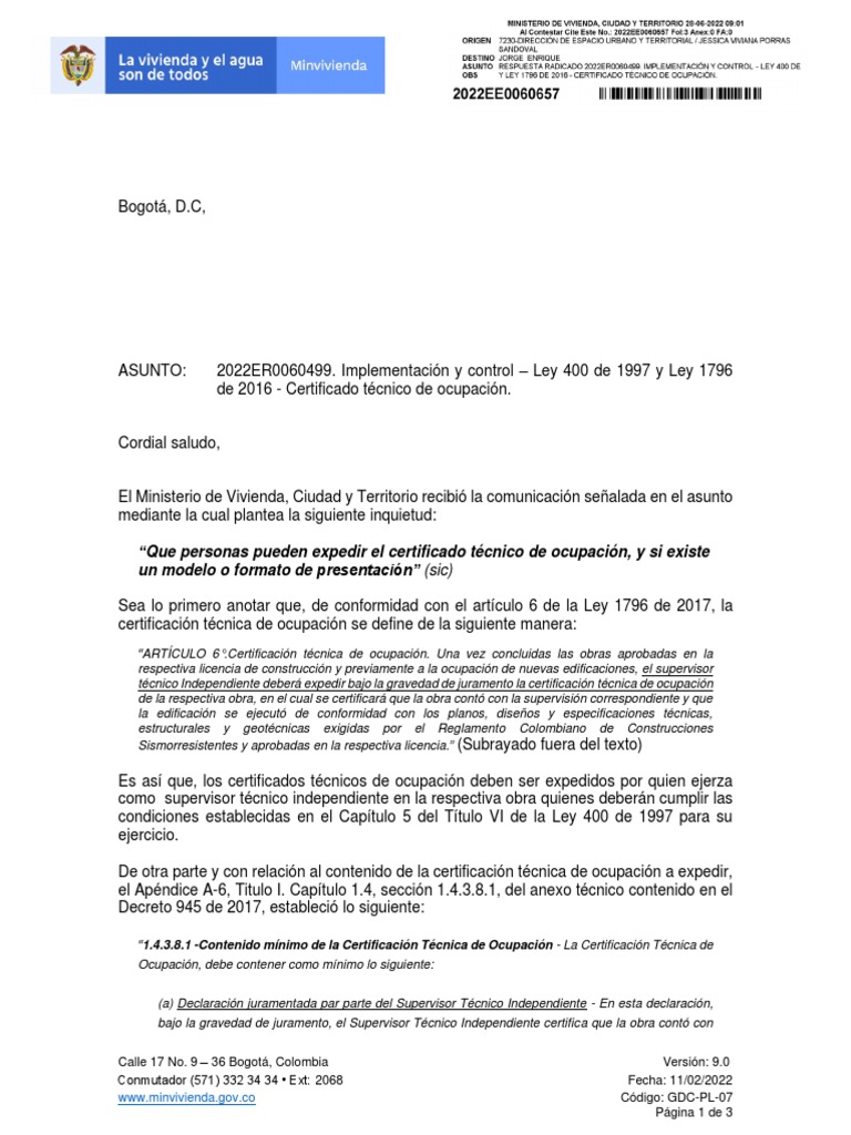 Certificación Técnica de Ocupación en Colombia | PDF