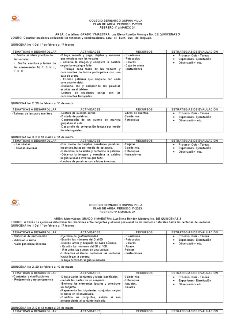 Primer Grado Plan Clases | PDF