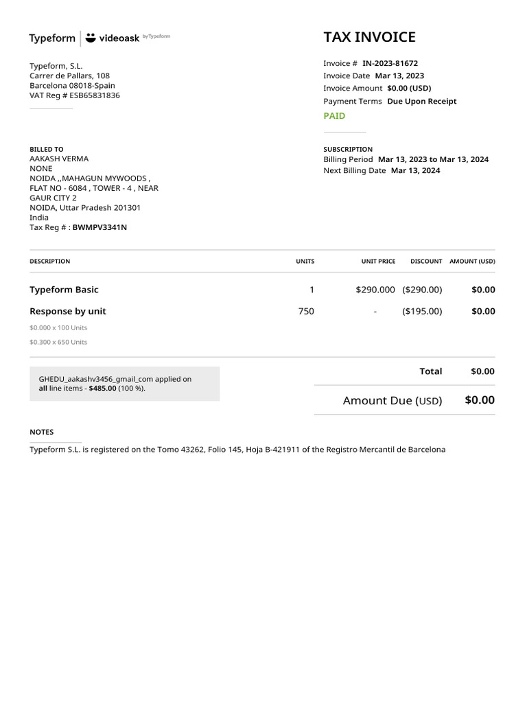 Typeform Invoice BTLWMgTYQCPq91Rjv | PDF | Invoice | Taxes