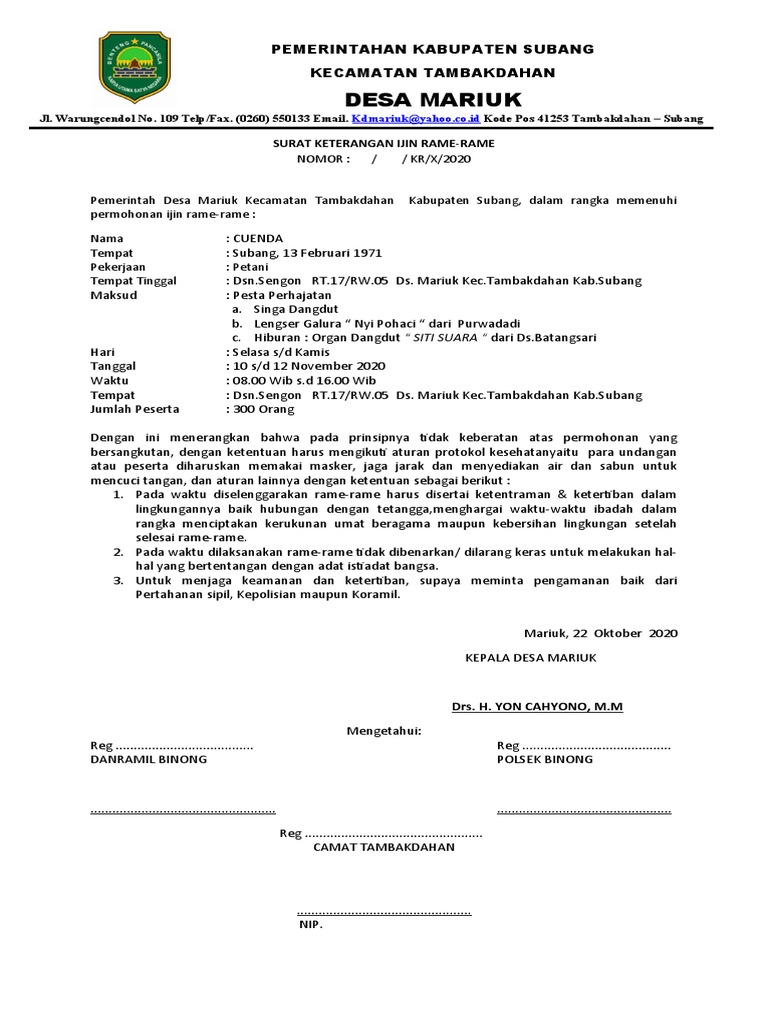 Surat Keterangan Ijin Rame Rame | PDF