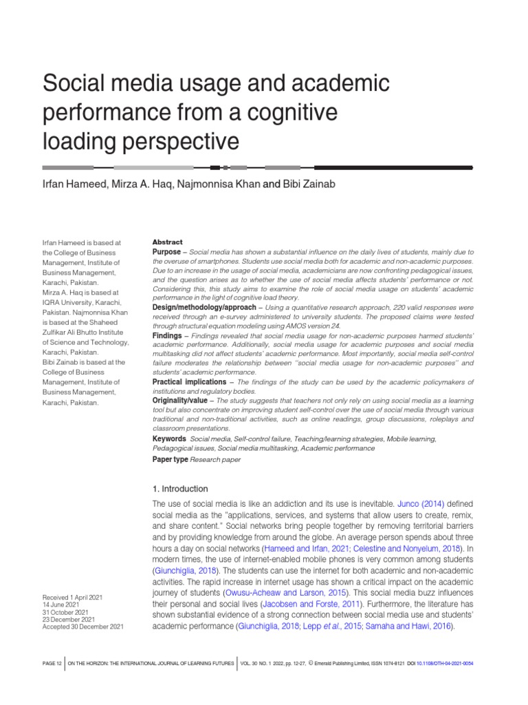 Social Media Usage and Academic Performance From A Cognitive Loading ...