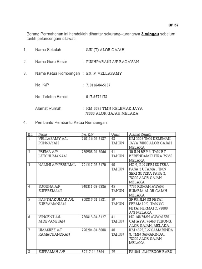 Borang BP57 Lawatan | PDF