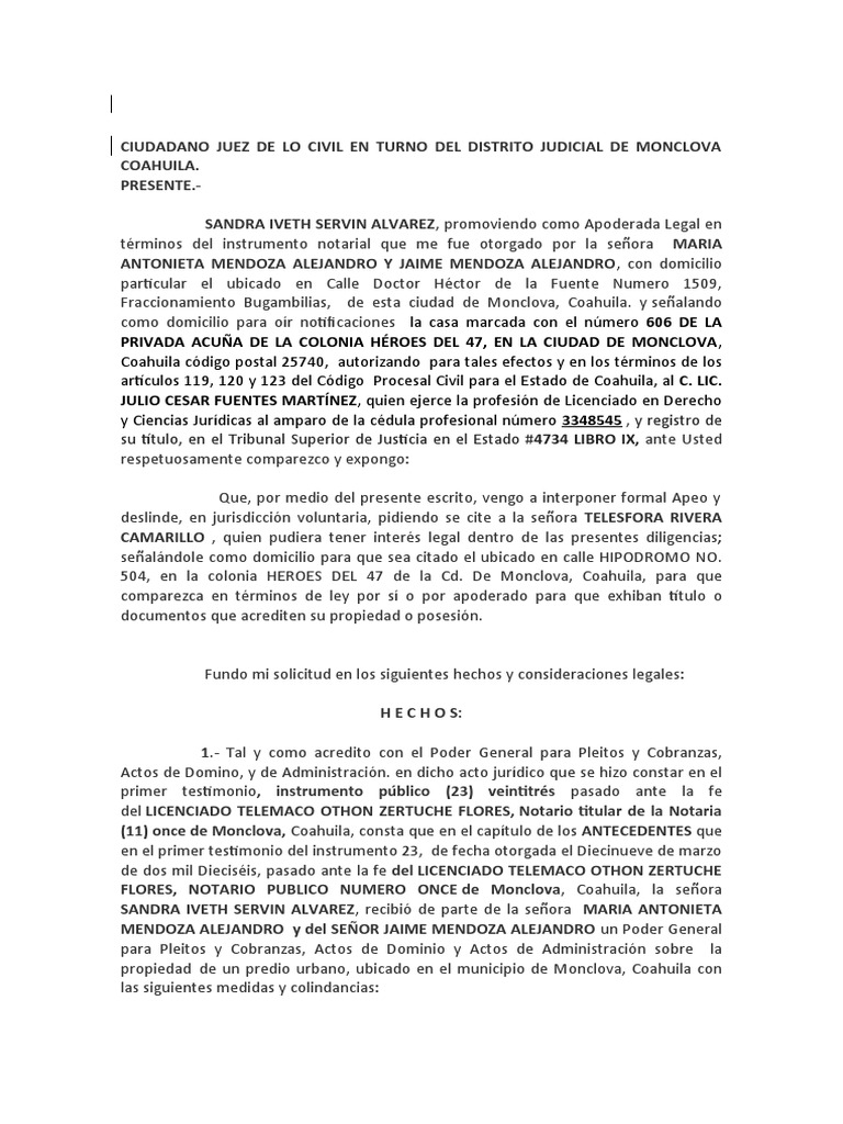 JUICIO DE APEO Y DESLINDE.docx | PDF | Ley procesal | Demanda judicial