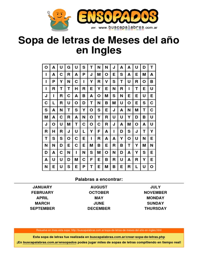 Sopa de Letras de Meses Del Año en Ingles | PDF