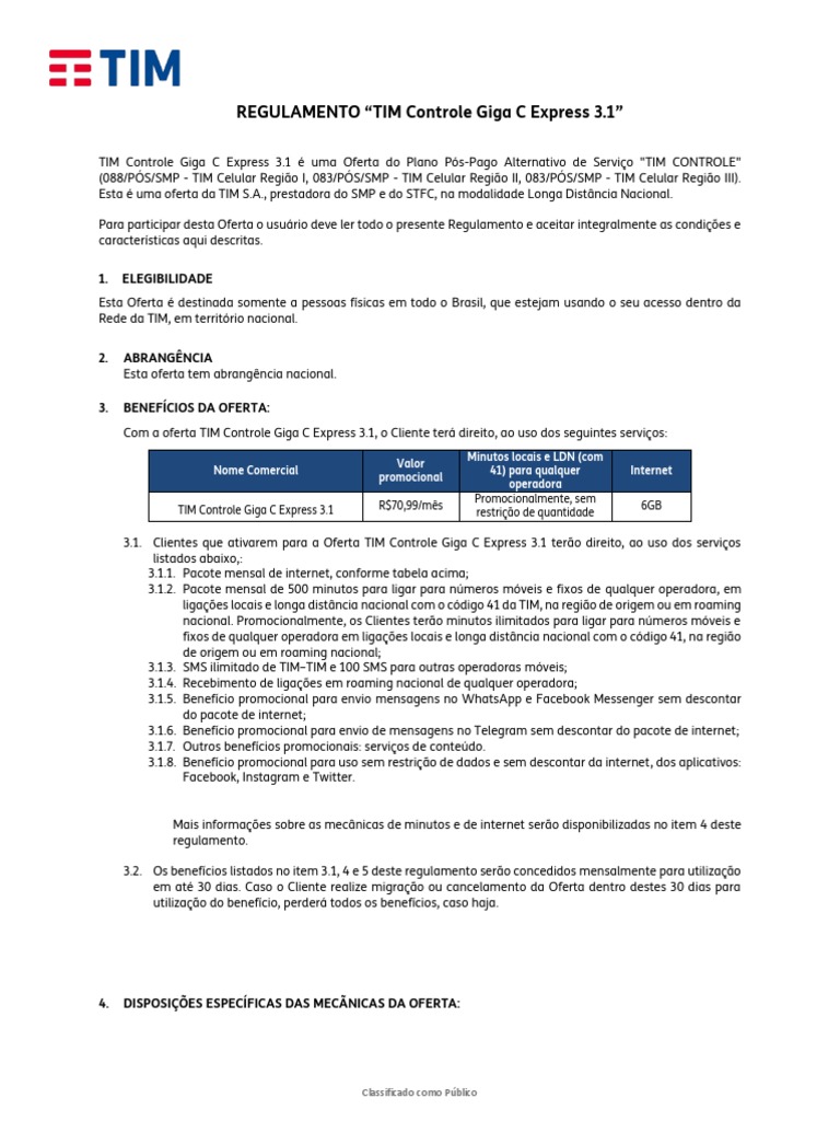 Planos Controle Regulamento TIM Controle GIGA C Express 3.1 PDF | PDF ...