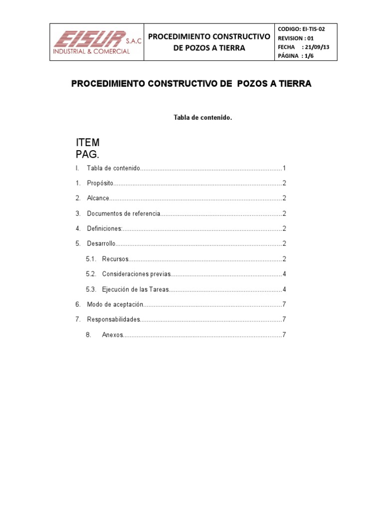 Procedimiento para Instalacion de Pozo A Tierra | PDF | Cobre ...