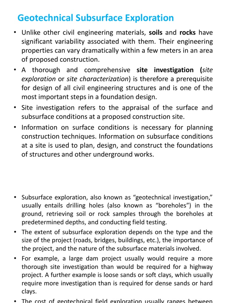 Introduction To Geotechnical Site Exploration | PDF | Geotechnical Engineering | Civil Engineering