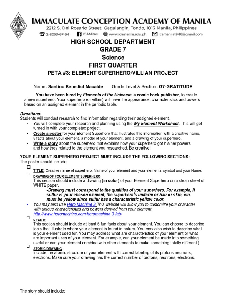 Grade 7 Element Superhero Project | PDF | Chemical Elements | Gold