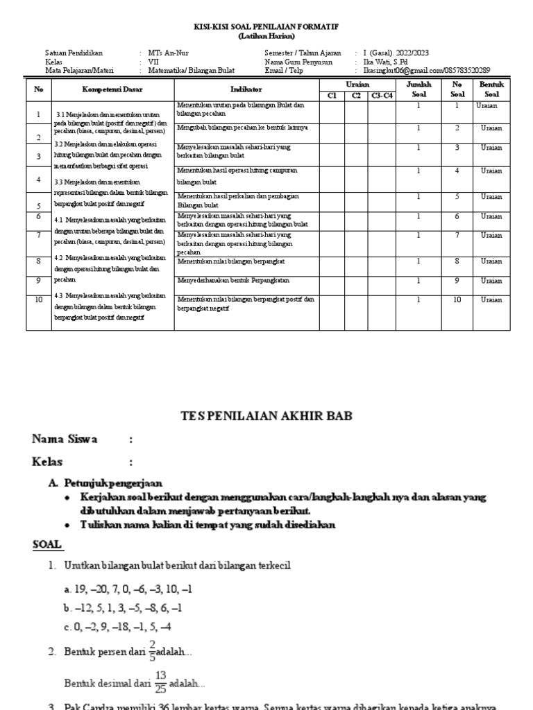 Kisi-Kisi Bilangan Bulat | PDF | Metode & Bahan Ajar