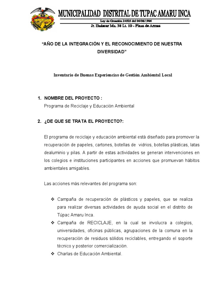Proyecto Reciclaje Pdf Reciclaje Residuos