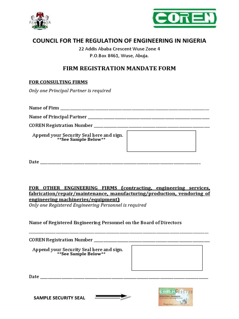 COREN Firm Registration Mandate Form | PDF