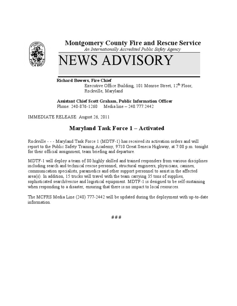 Maryland Task Force 1 Activation Notice | PDF