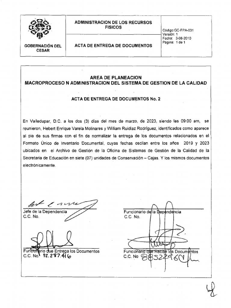 Acta Entrega Documentos SGC | PDF | Gestión de la calidad | Pensamiento ...