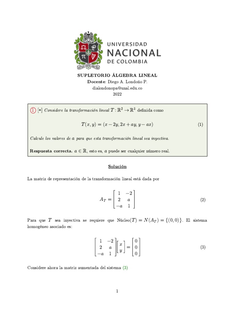 Examen Supletorio Álgebra Lineal (Soluciones) | PDF | Mapa lineal | Valores propios y vectores ...