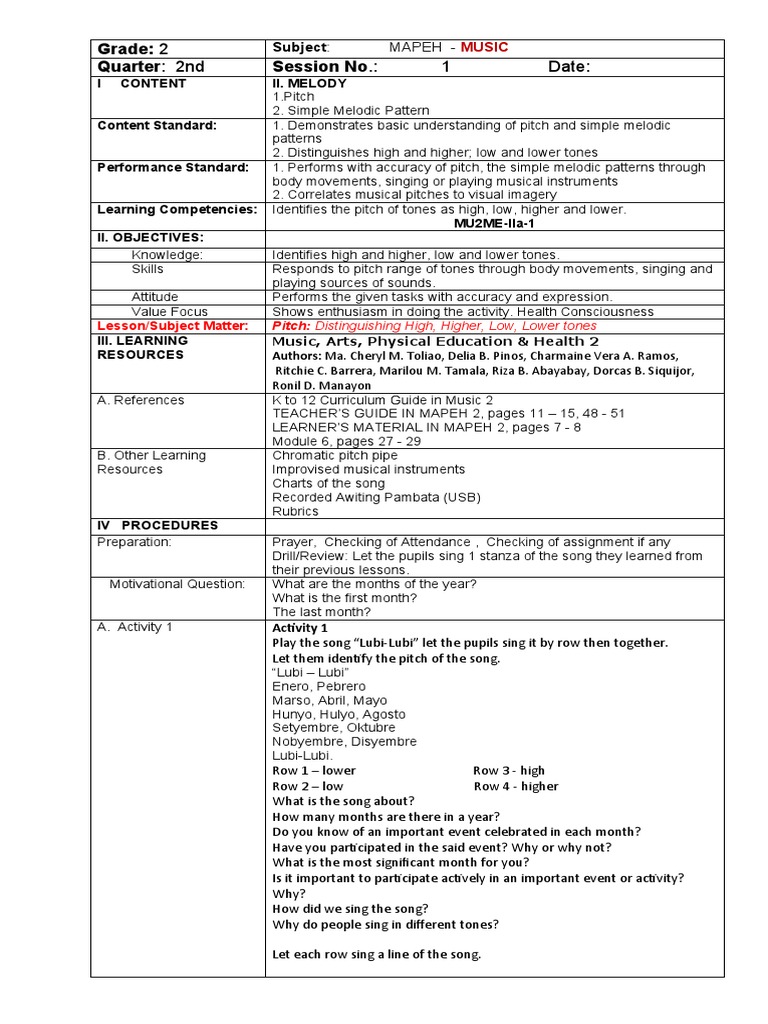 Q2 Mapeh Music Grade 2 DLP | PDF | Learning | Differentiated Instruction
