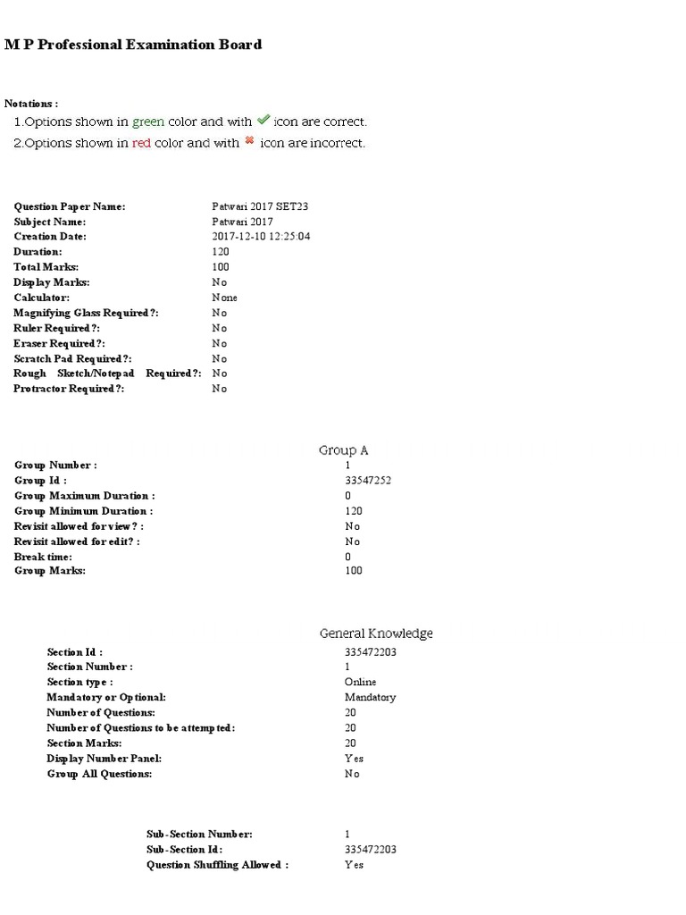 Patwari 2017 SET23 Exam Details | PDF | Multiple Choice | Data Collection