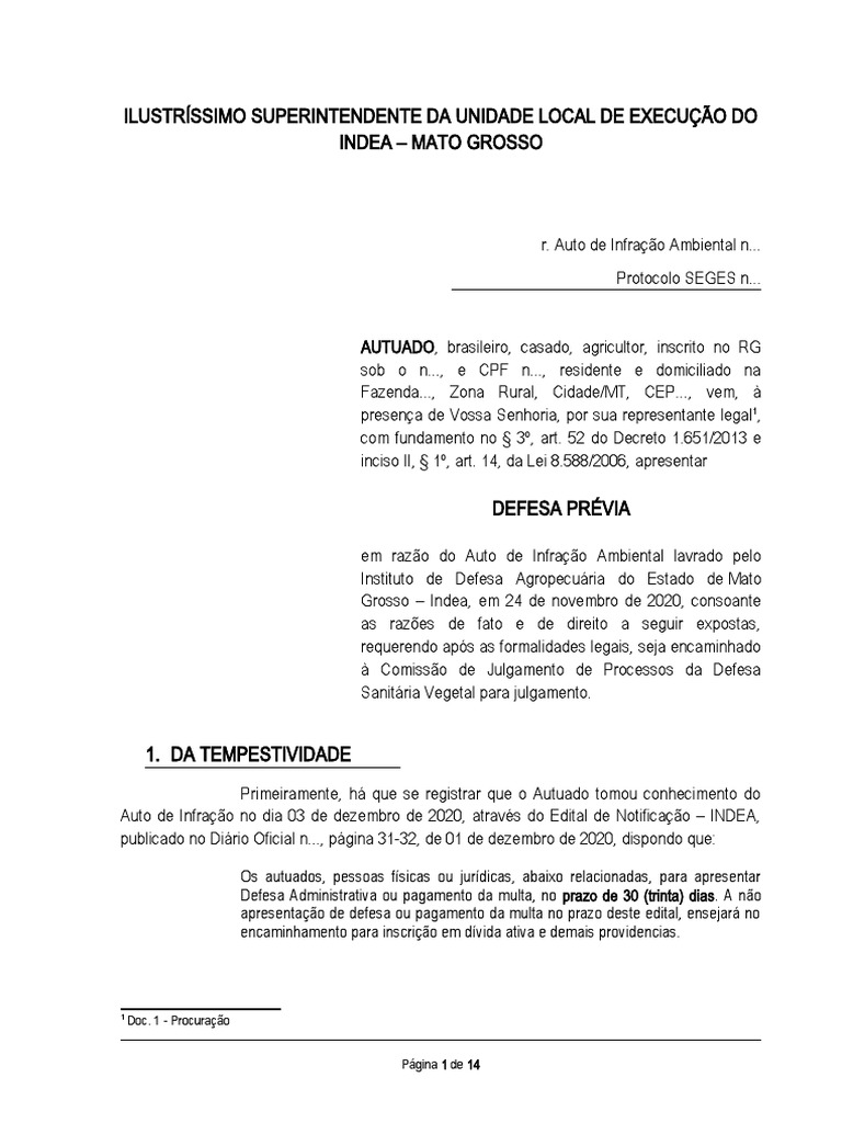 Modelo-de-Defesa-Previa-para-Auto-de-Infracao-lavrado-pelo-INDEA-Agrotoxicos | PDF ...